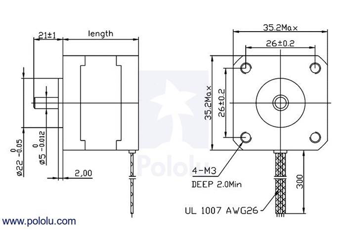 Stepper Motor: Bipolar, 200 Steps/Rev, 35×36mm, 2.7V, 1 A/Phase