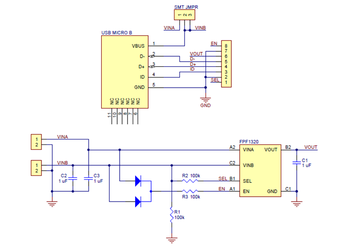 FPF1320 Power Multiplexer Carrier with USB Micro-B Connector
