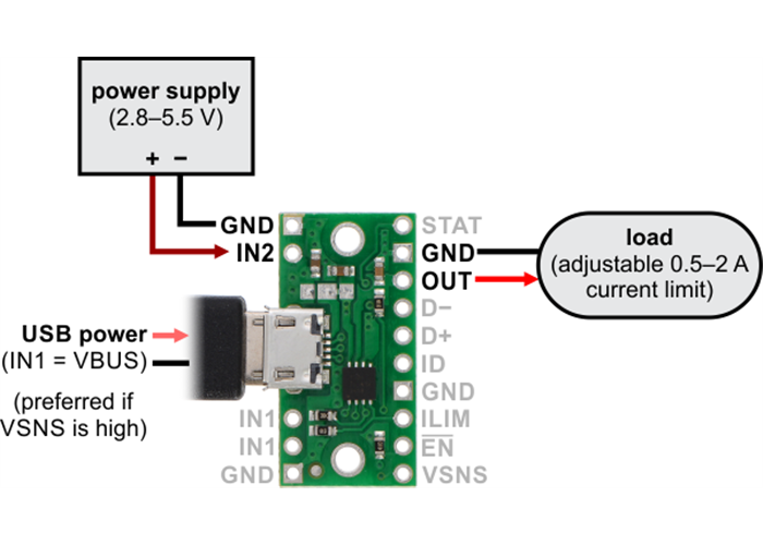 TPS2113A Power Multiplexer Carrier with USB Micro-B Connector