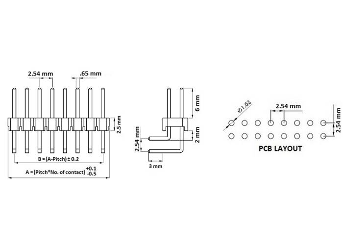 0.100" (2.54 mm) Breakaway Male Header: 1×40-Pin, Right Angle