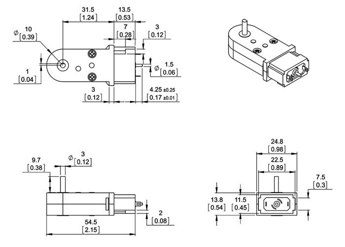 120:1 Mini Plastic Gearmotor HP, 90° 3mm D-Shaft Output, Extended Motor ...