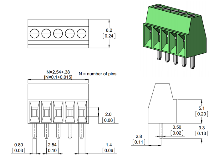 Screw Terminal Block: 2-Pin, 0.1″ Pitch, Side Entry (4-Pack)